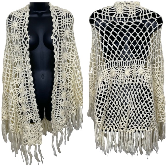 Handmade | Accessories | Vintage Cream Crochet Open Weave Shawl Wrap ...